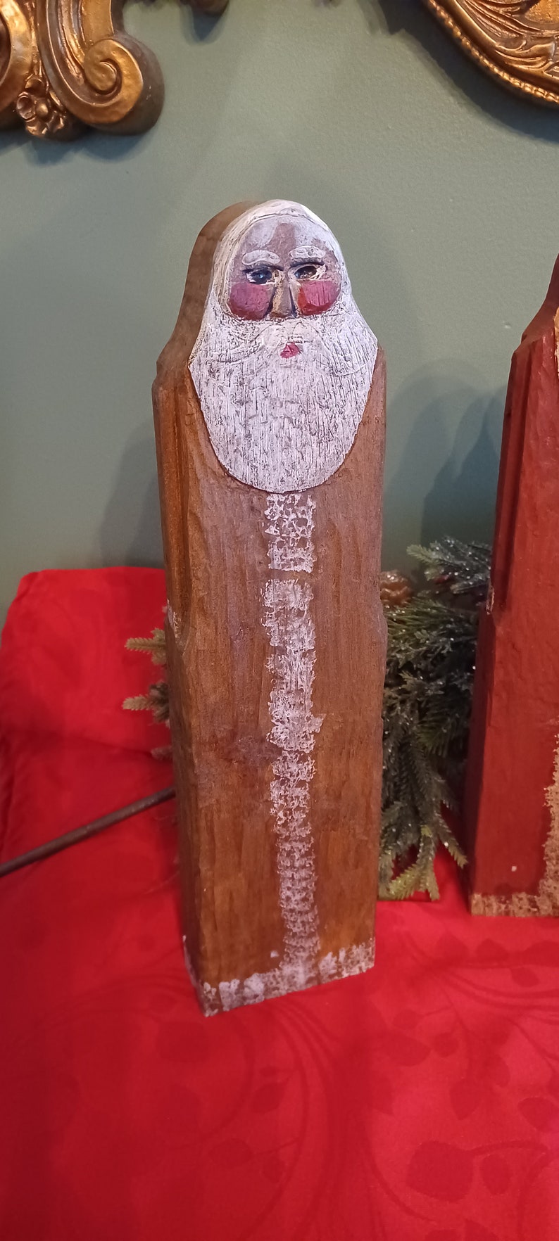 Hand Carved Vintage Wooden Santa Folka Art Set of Three Green - Etsy