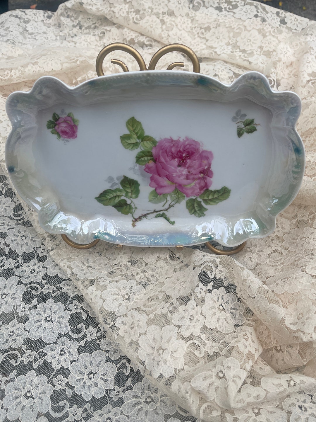 Antique German Hand Painted Pink Roses Dresser Tray Dish Plate - Etsy