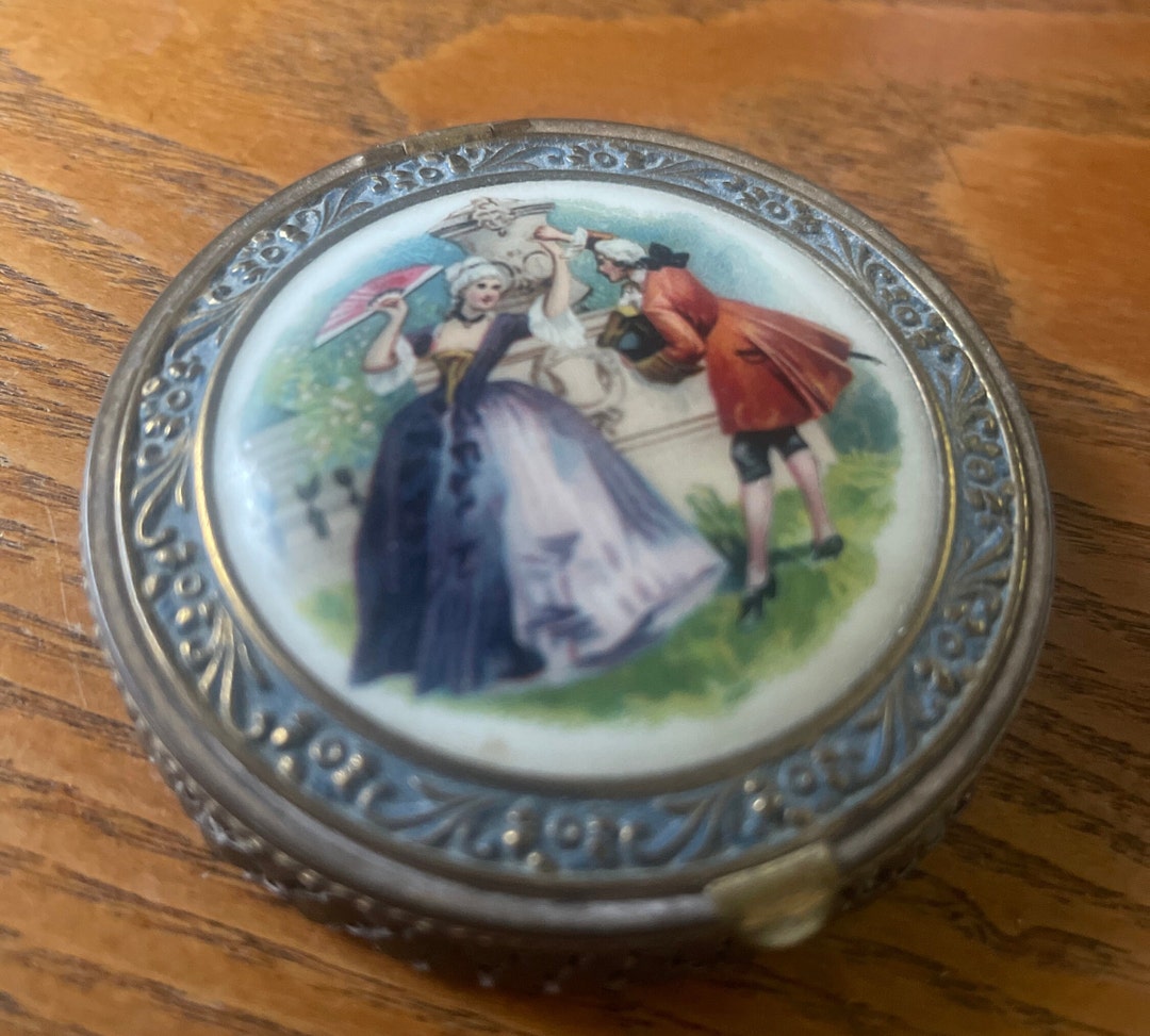 Antique Rex Powder Puff Compact Hand Painted Enamel Top - Etsy