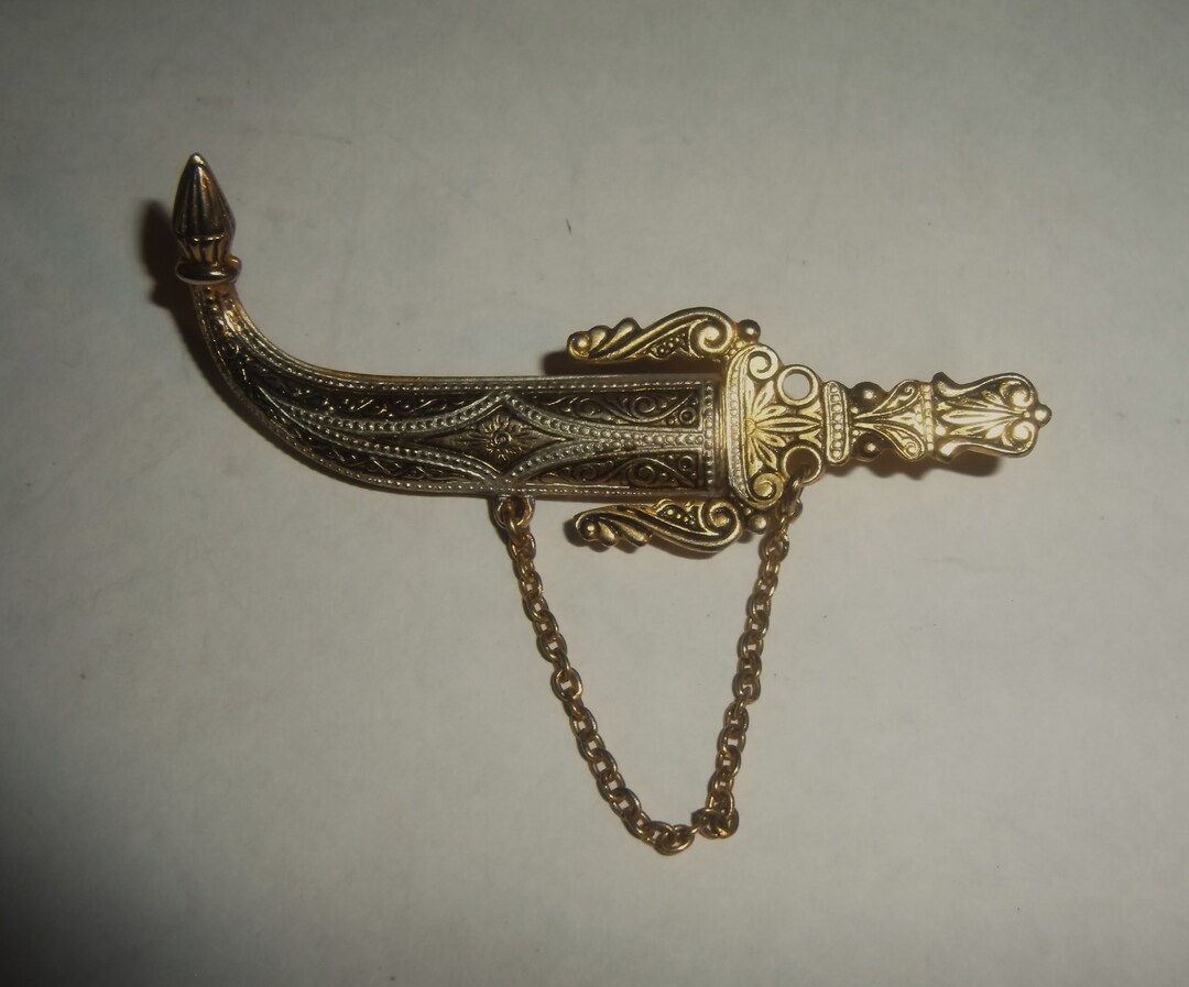 DAGGER SWORD PIN Vintage Damascene Scabbard Blade Sheath Holder Two ...