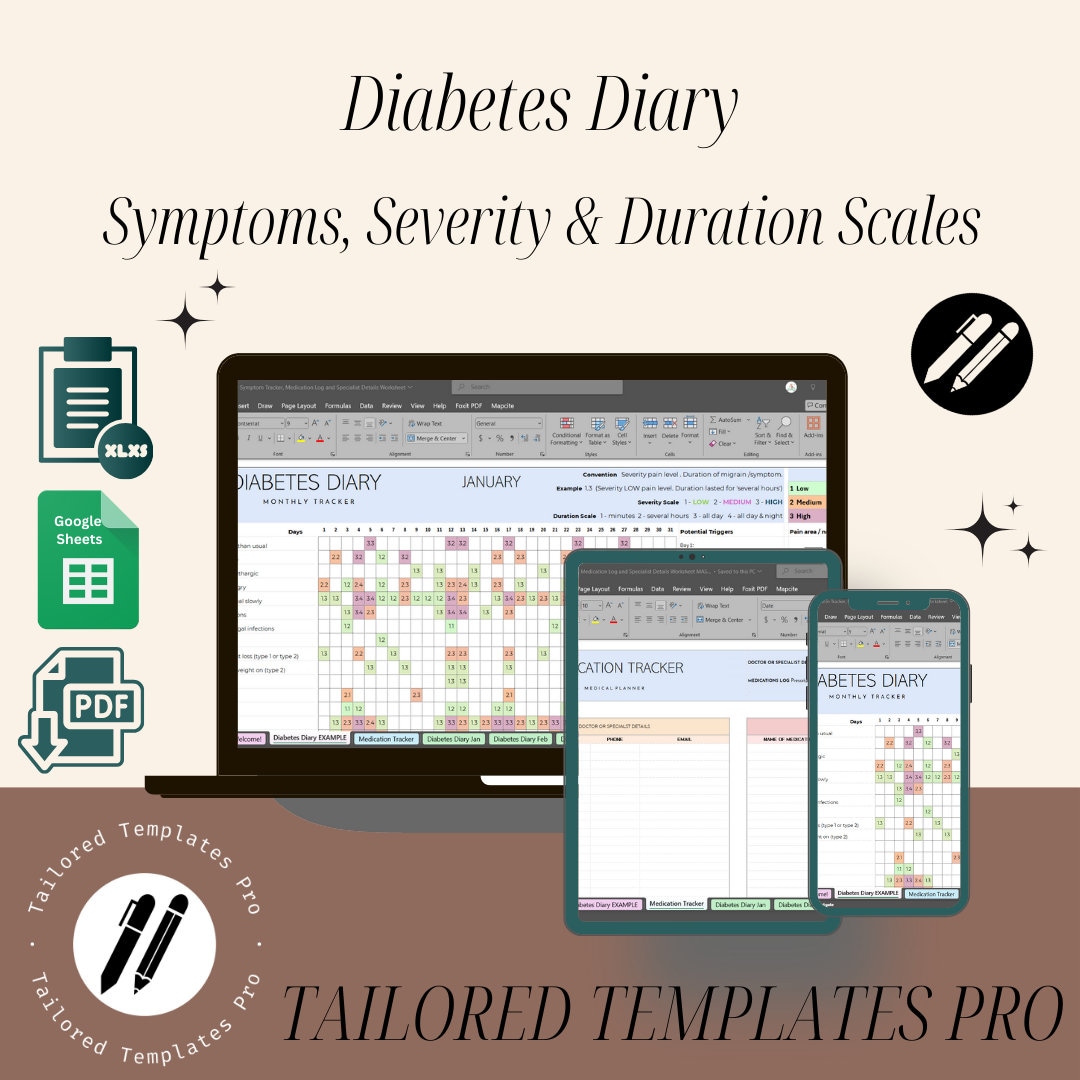 Diabetes Diary, Monthly Tracker, Severity & Duration Scales, Triggers ...