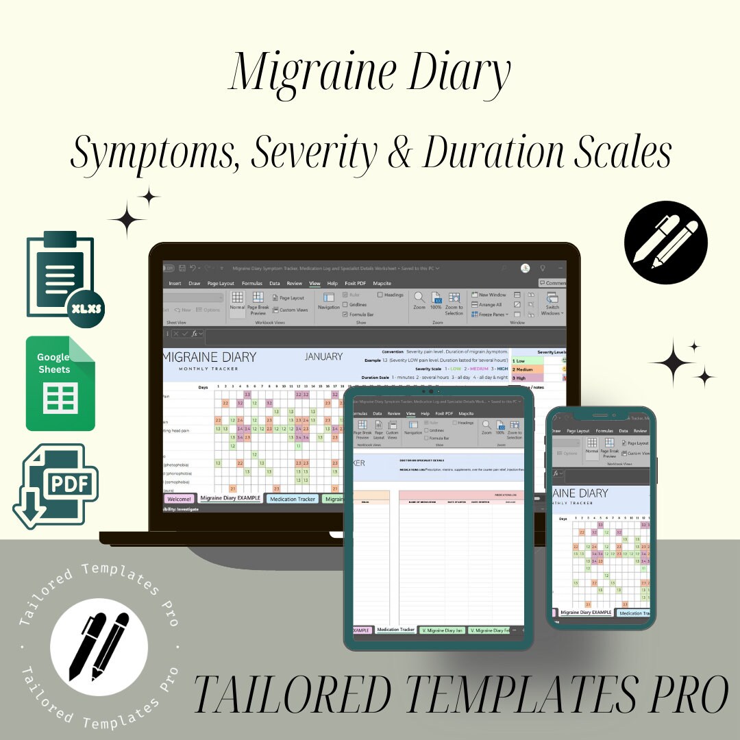 Migraine Diary, Monthly Tracker, Severity & Duration Scales, Triggers ...