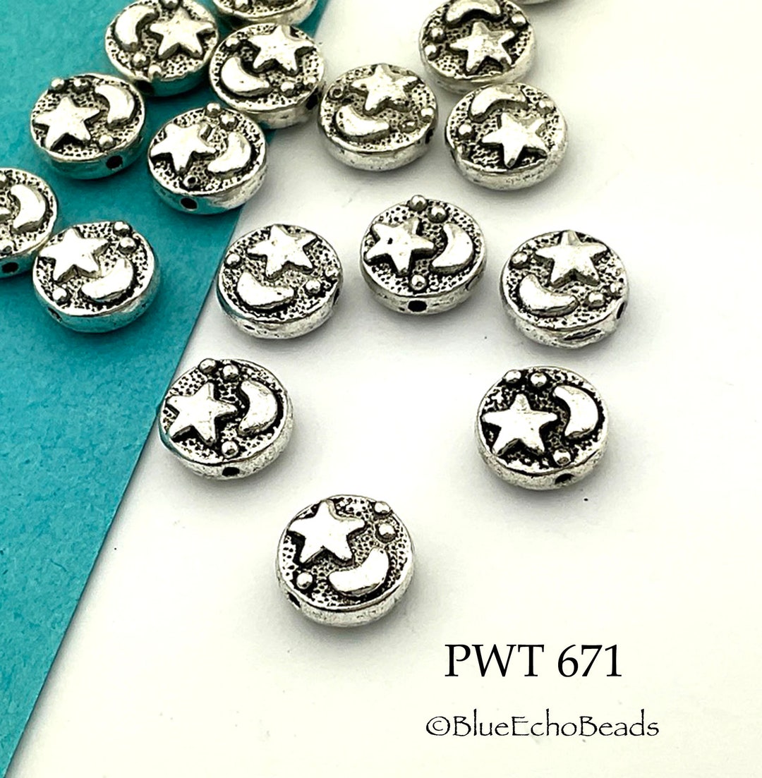 12 Pcs - 9mm Pewter Moon and Stars Coin Bead, Celestial Coin Bead ...