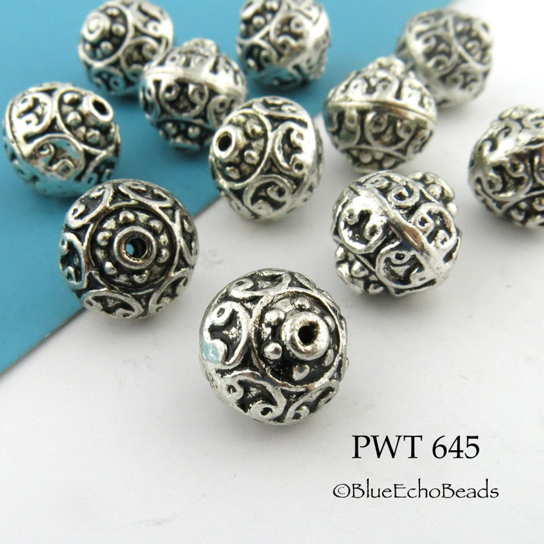 4 Pcs - 13mm Large Pewter Beads, Pompeii, Silver Tone, Bali Style, 1mm ...