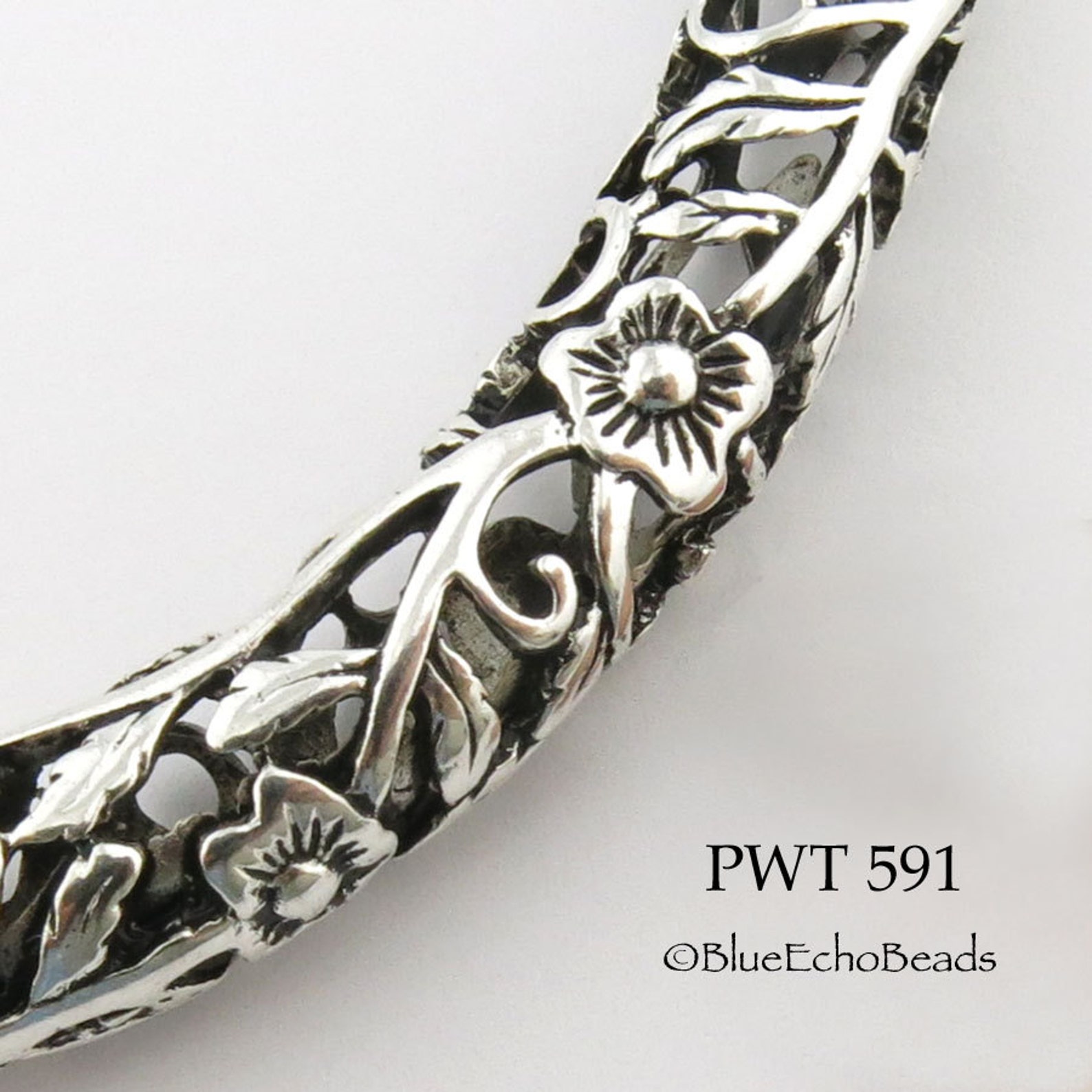 55mm Large Curved Pewter Tube Bead, Flower Engraved Tube Bead, Large ...