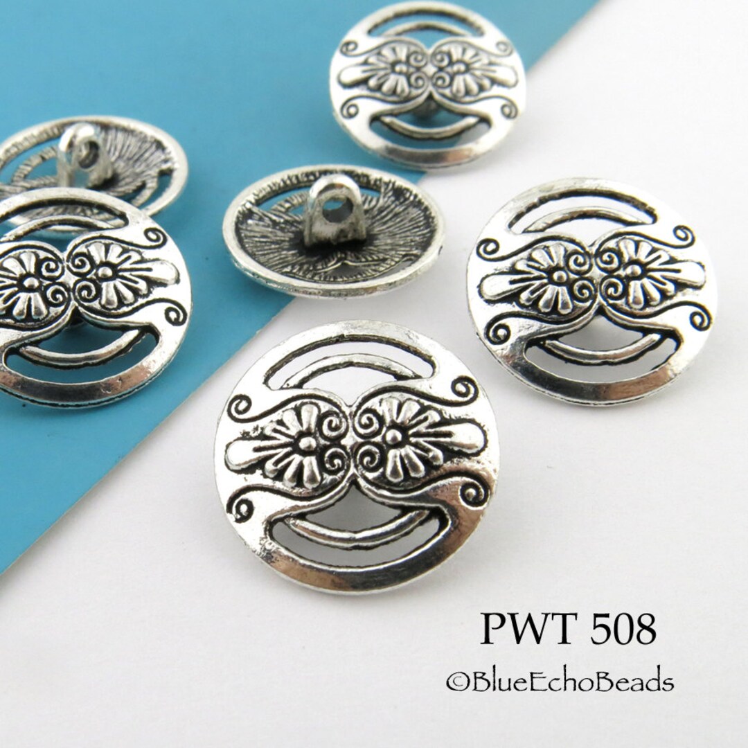 6 Pcs - 5/8" Open Work Silver Tone, 17mm Floral Button, Shank Button ...