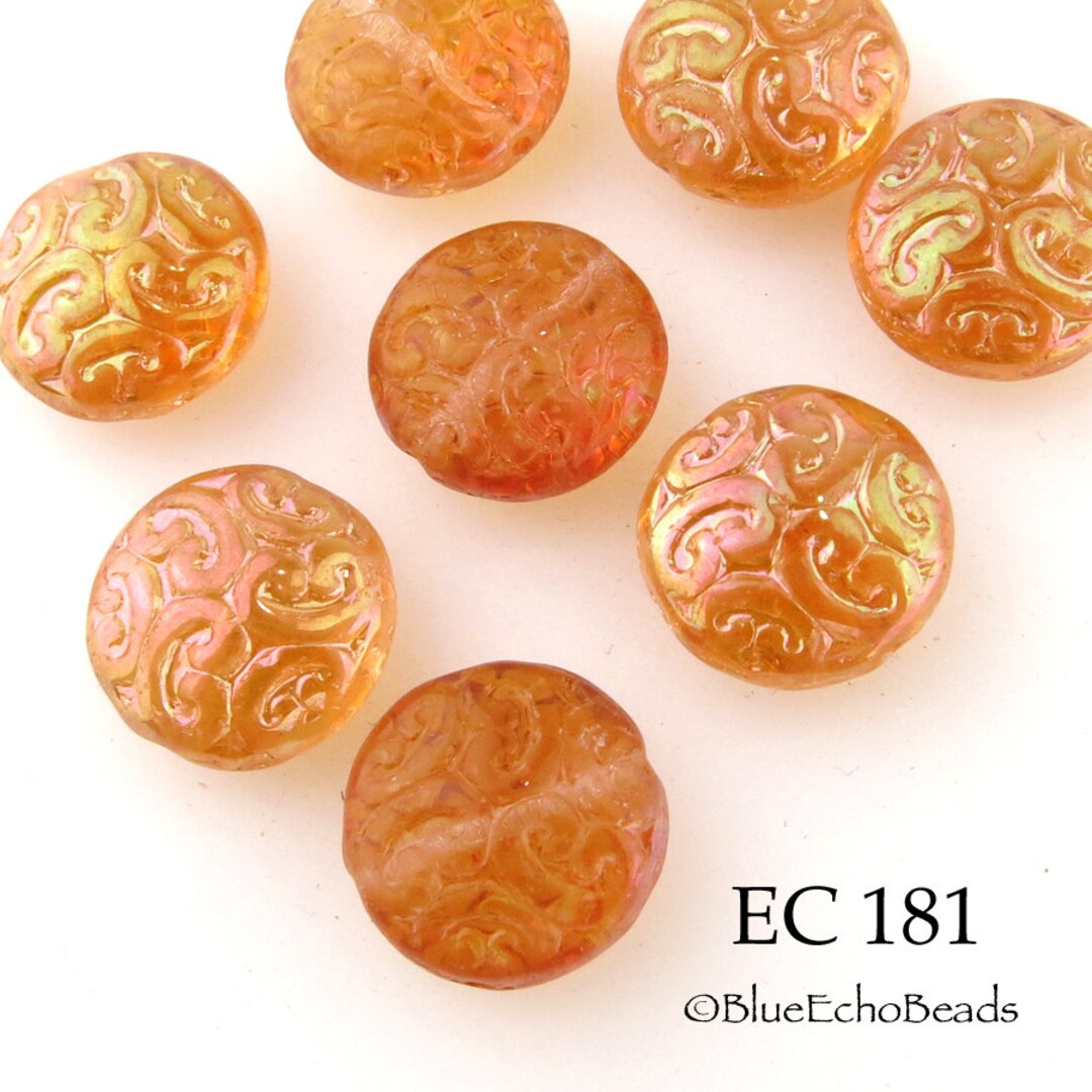 6 Pcs 14mm Brocade Coin Czech Glass Beads, Apricot EC 181 Blueechobeads ...