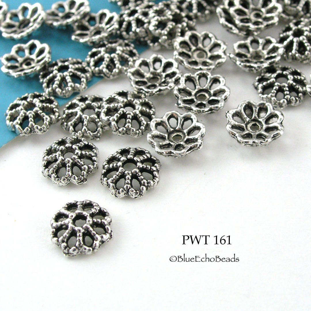 36 Pcs - 7mm Pewter Lace Bead Caps, Silver Tone, 1mm Hole (PWT 161 ...