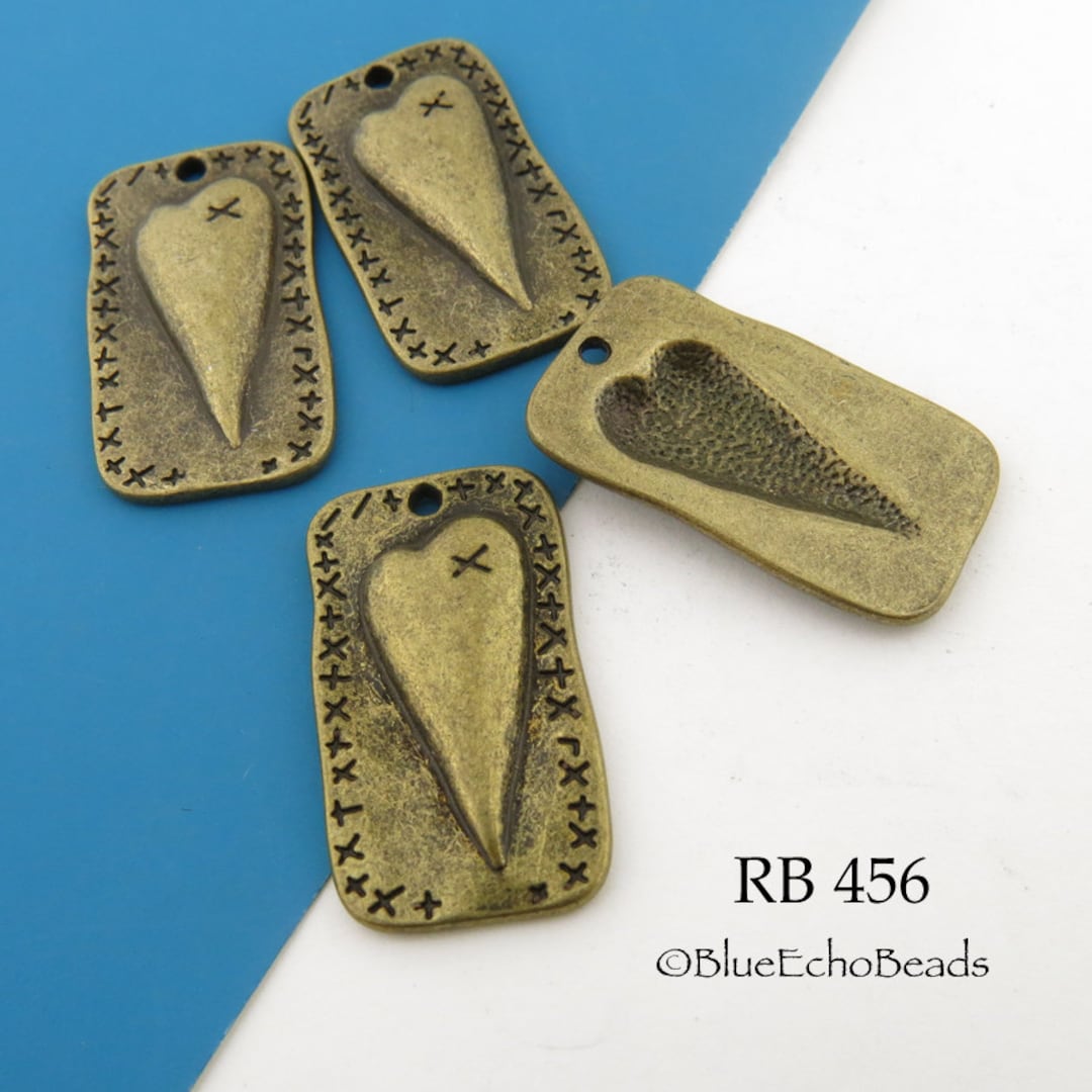 4 Pcs - 27mm Folk Art Style Heart Charm, Rectangle Charm, Antique Brass ...