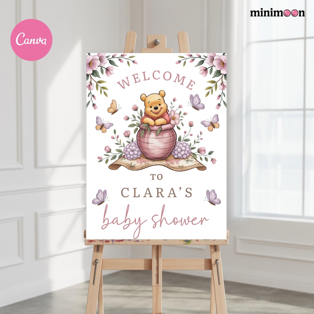 Winnie the Pooh Baby Shower Welcome Sign Printable Pink Winnie the Pooh ...