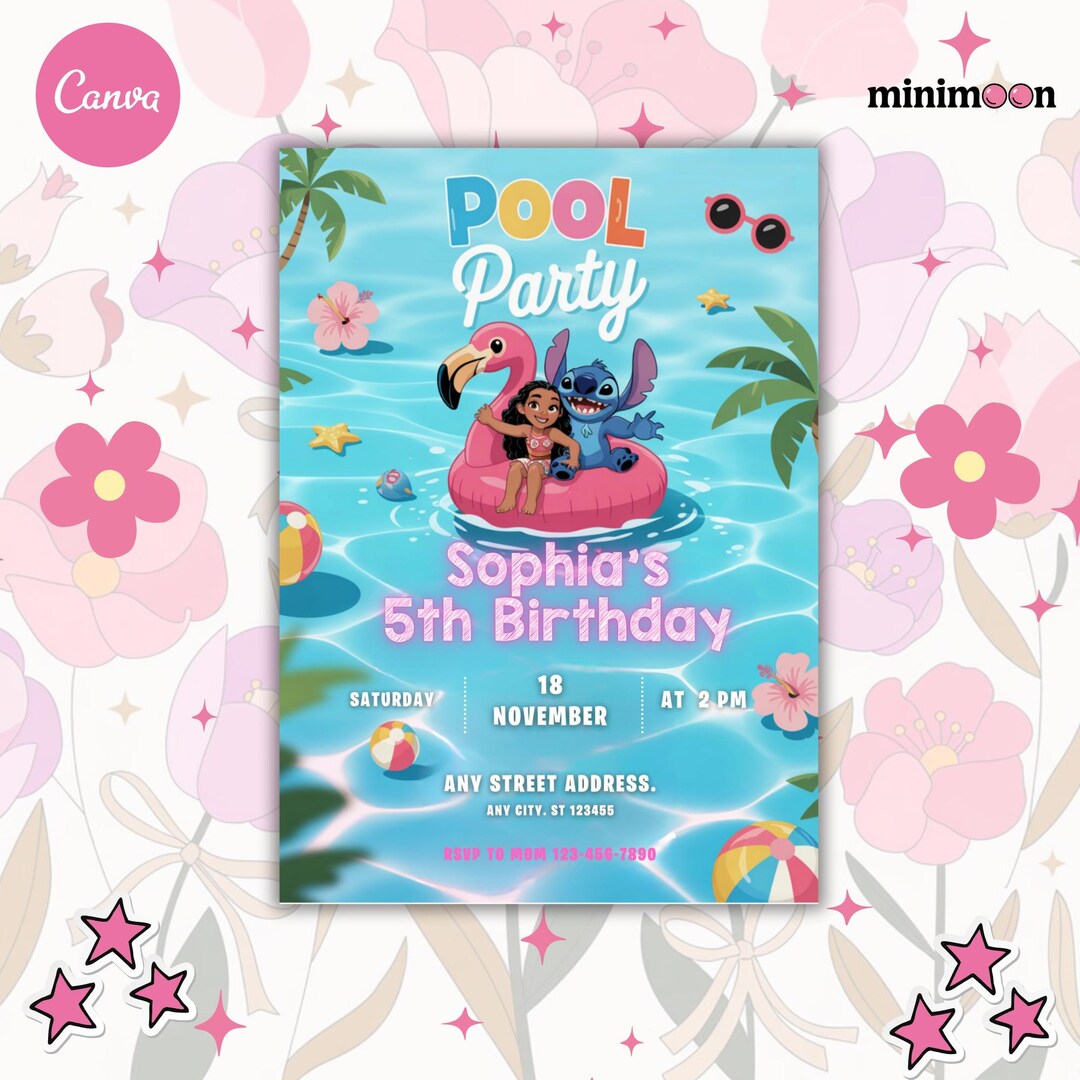 Editable Pool Party Stitch Girl Invitation, Pool Party Invitation ...