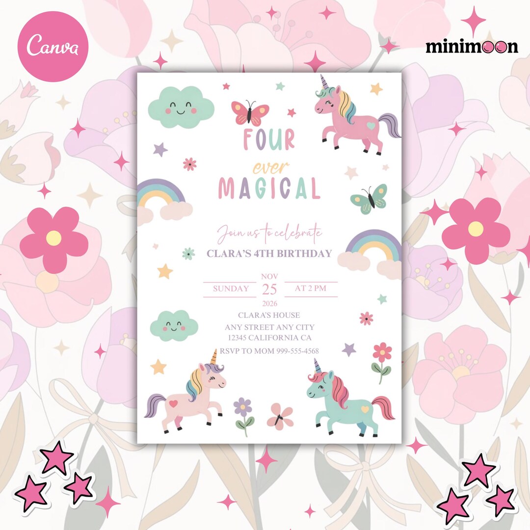 Four Ever Magical Unicorn Birthday Invitation: Pastel Rainbow (editable ...