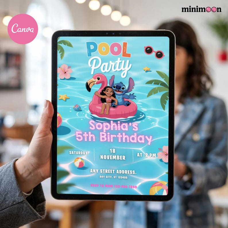 Editable Pool Party Stitch Girl Invitation, Pool Party Invitation ...