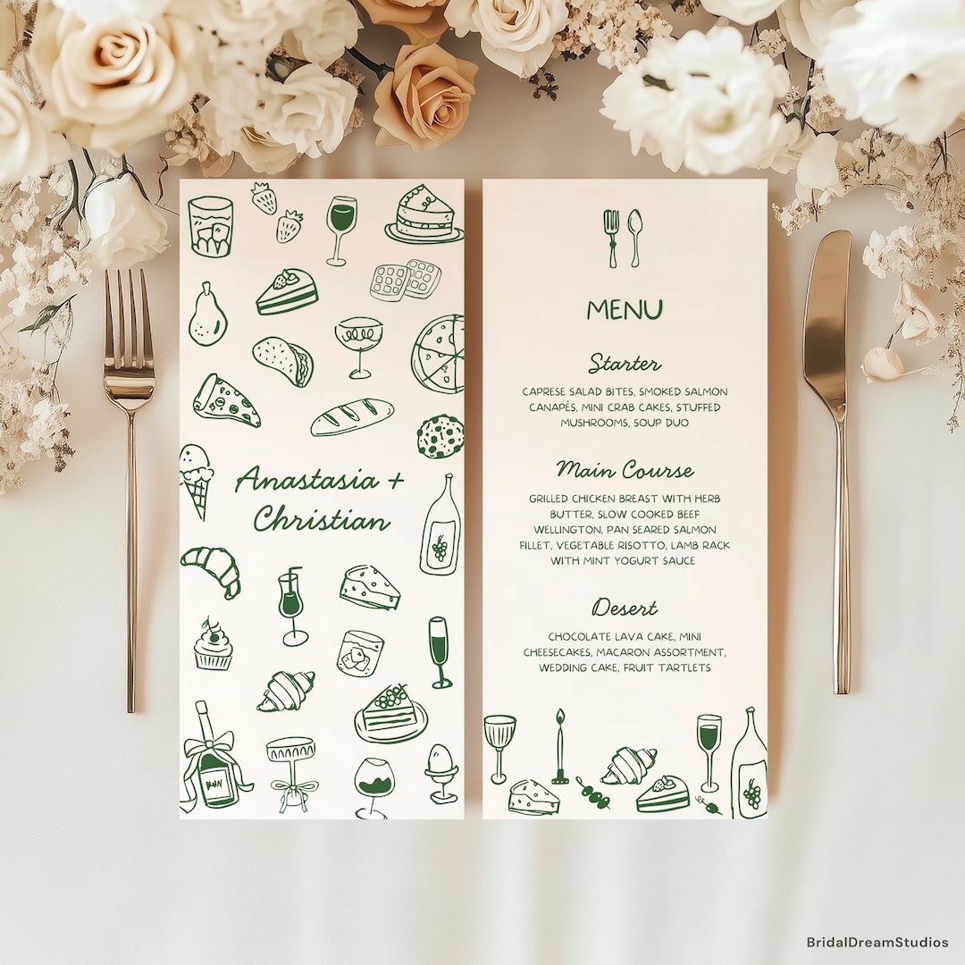 Hand Drawn Wedding Menu Cards Template Modern Wedding Decor Dinner Menu ...