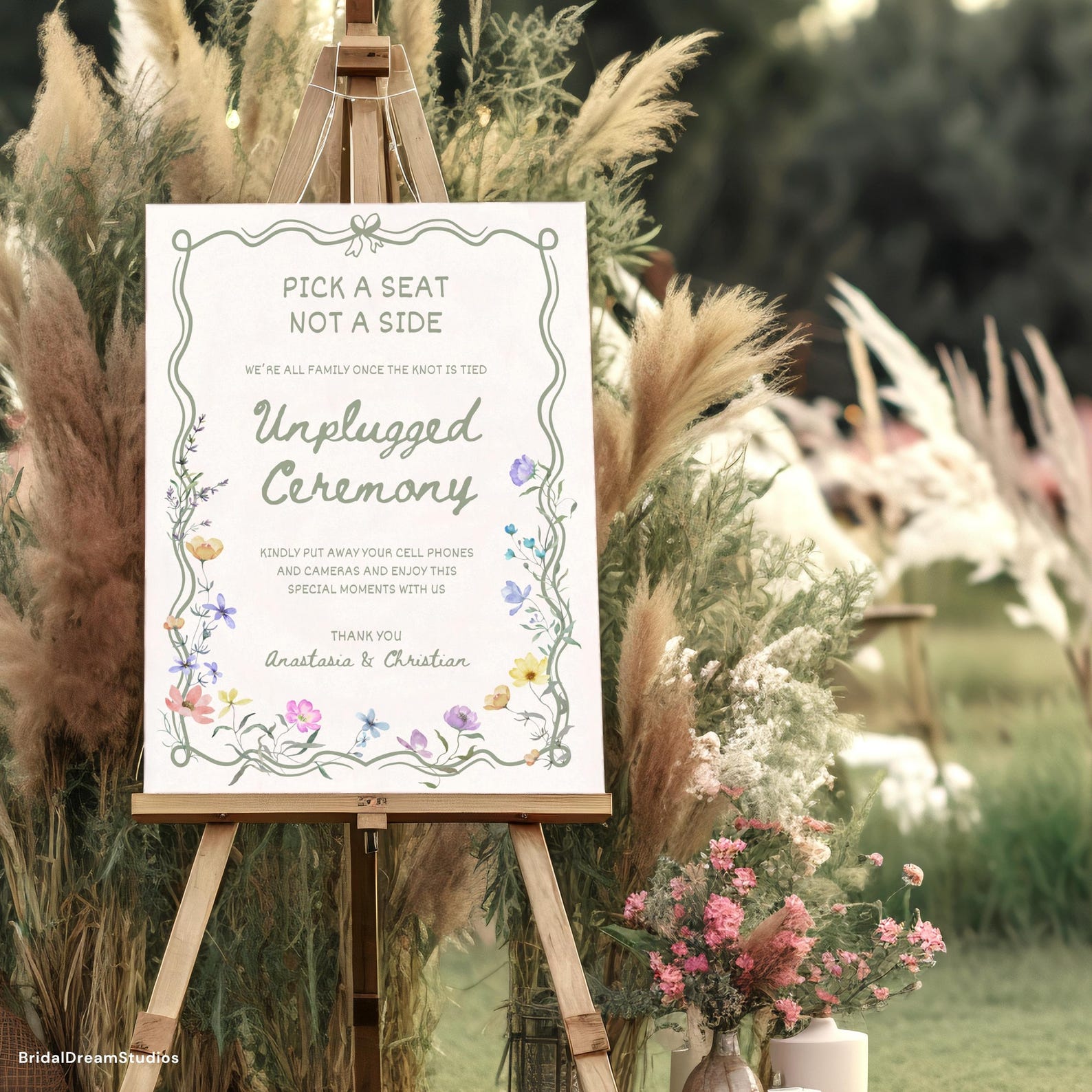 Pick a Seat Not a Side Unplugged Ceremony Sign Whimsical Wildflower ...