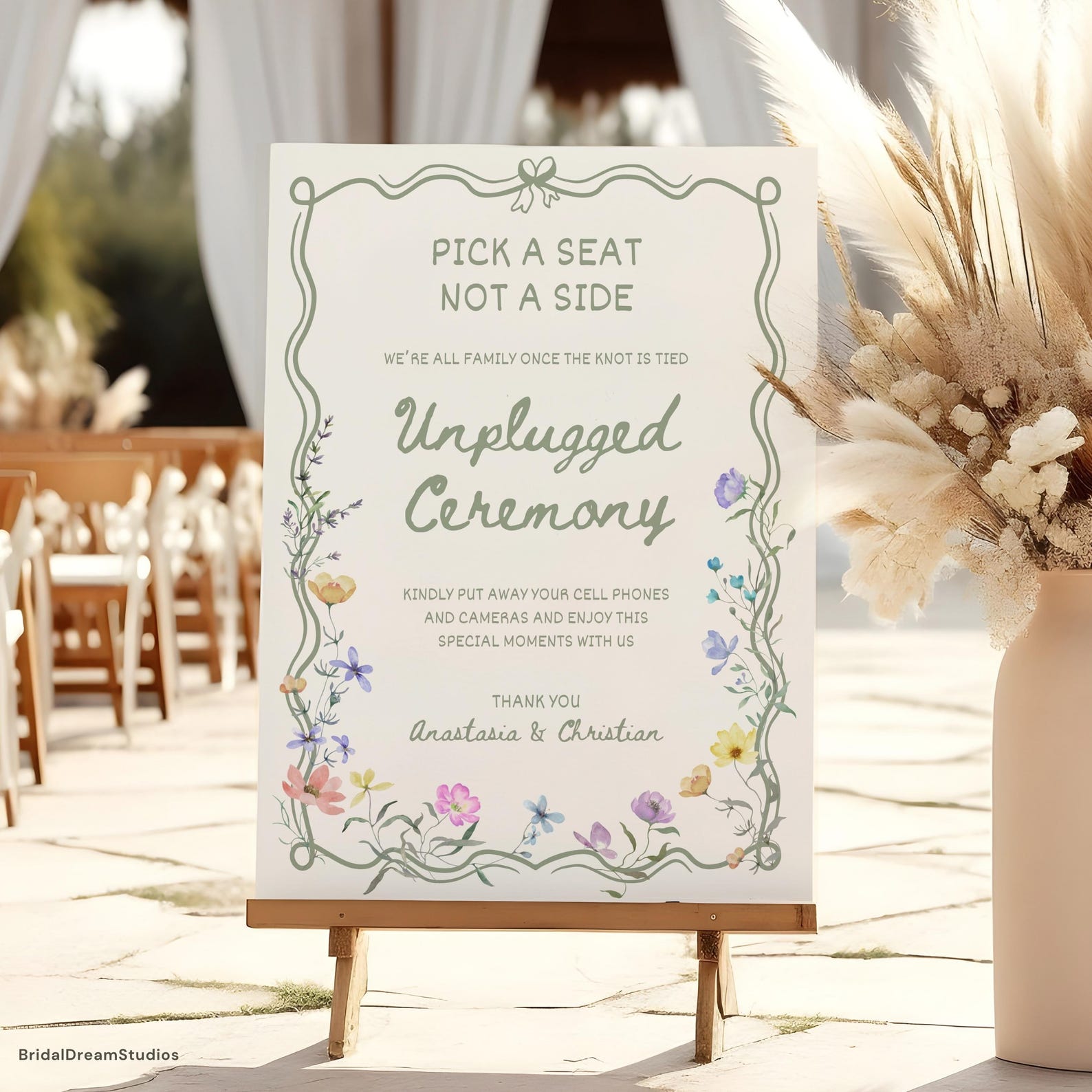 Pick a Seat Not a Side Unplugged Ceremony Sign Whimsical Wildflower ...