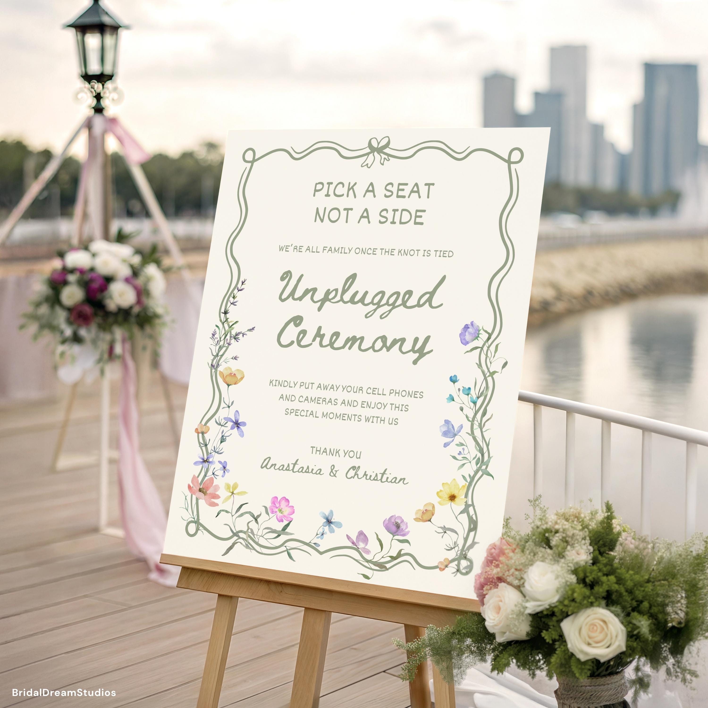 Pick a Seat Not a Side Unplugged Ceremony Sign Whimsical Wildflower ...
