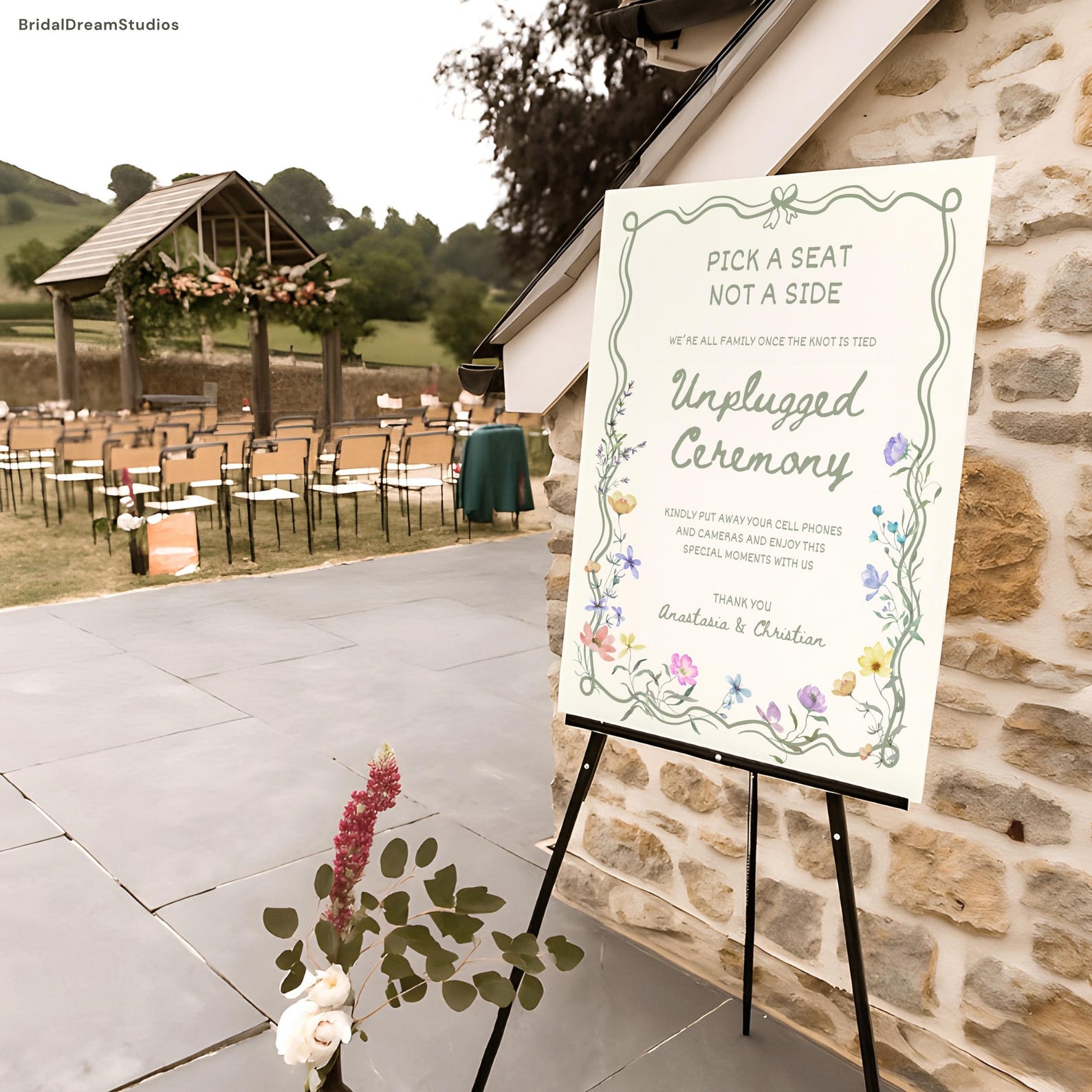 Pick a Seat Not a Side Unplugged Ceremony Sign Whimsical Wildflower ...
