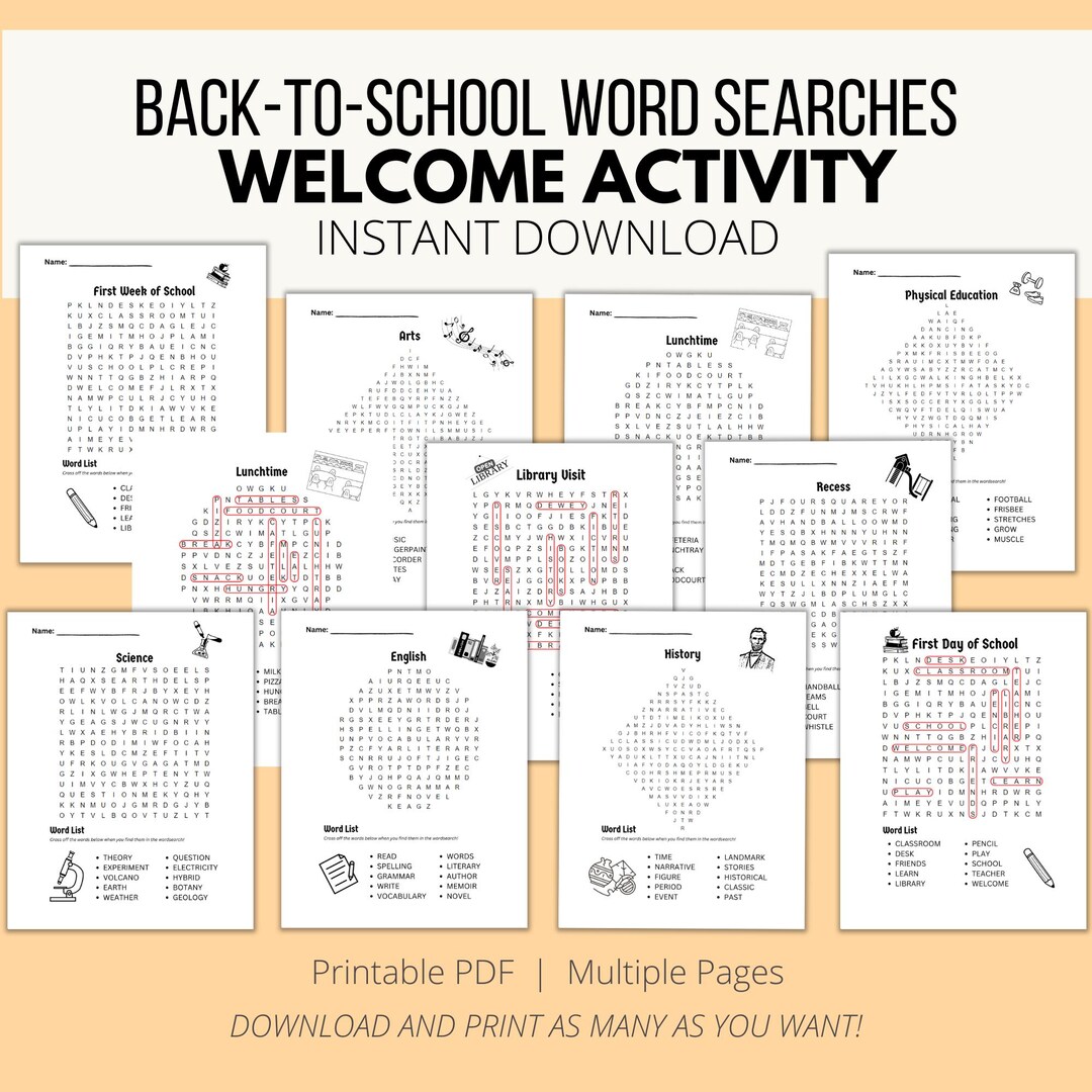 Back-to-school Word Searches Activity, 10-page Word Searches for Kids ...