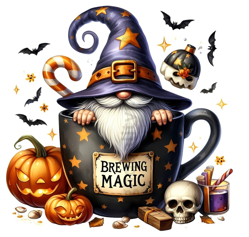 Cute Halloween Gnomes in Cups, Watercolor Clipart Bundle, Halloween Mug ...