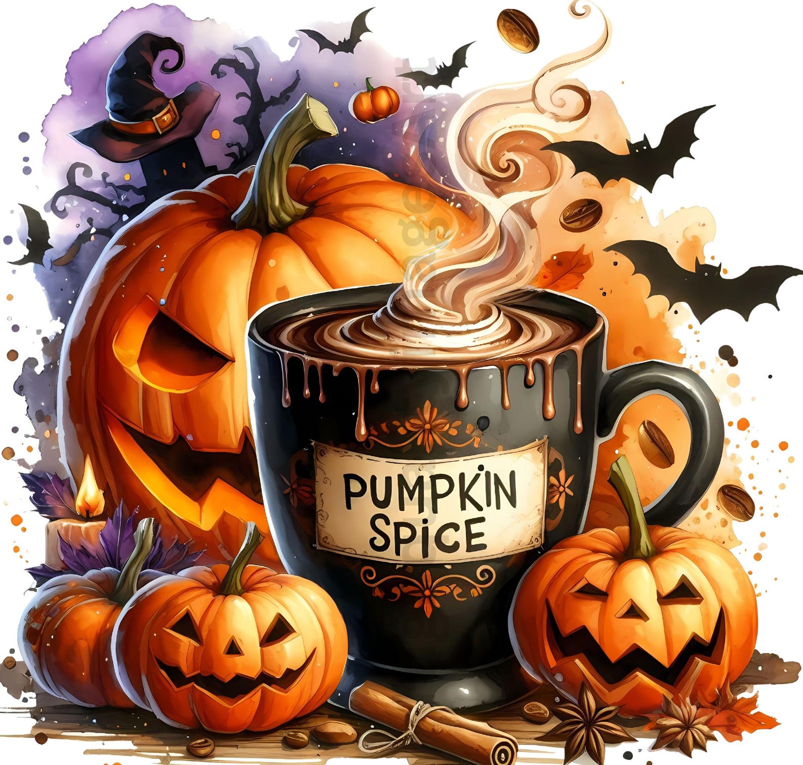 Scary Halloween Cocoa Cups, Watercolor Clipart Bundle, Mug Halloween ...