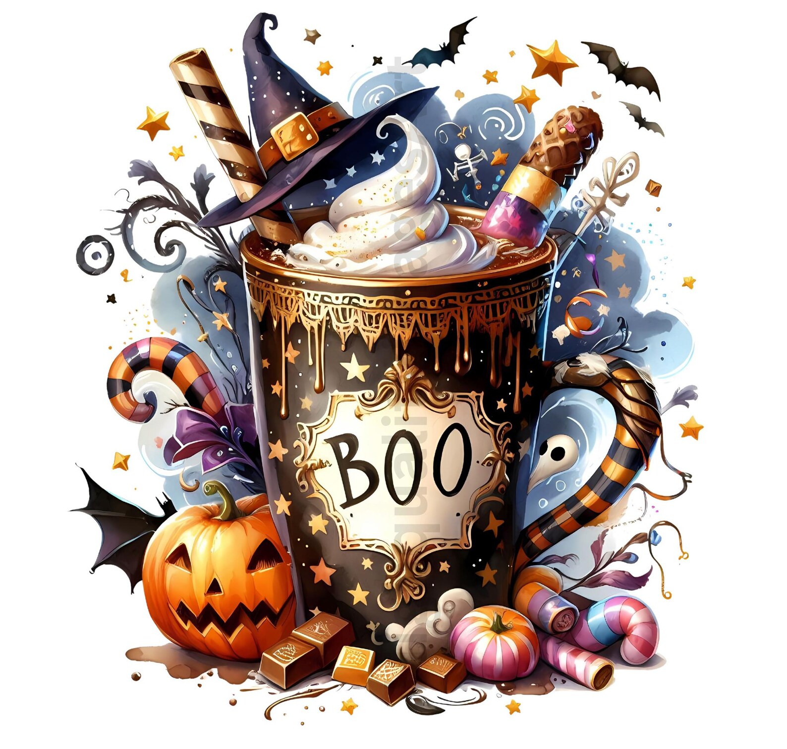 Scary Halloween Cocoa Cups, Watercolor Clipart Bundle, Mug Halloween ...