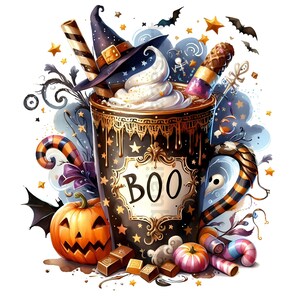 Scary Halloween Cocoa Cups, Watercolor Clipart Bundle, Mug Halloween ...