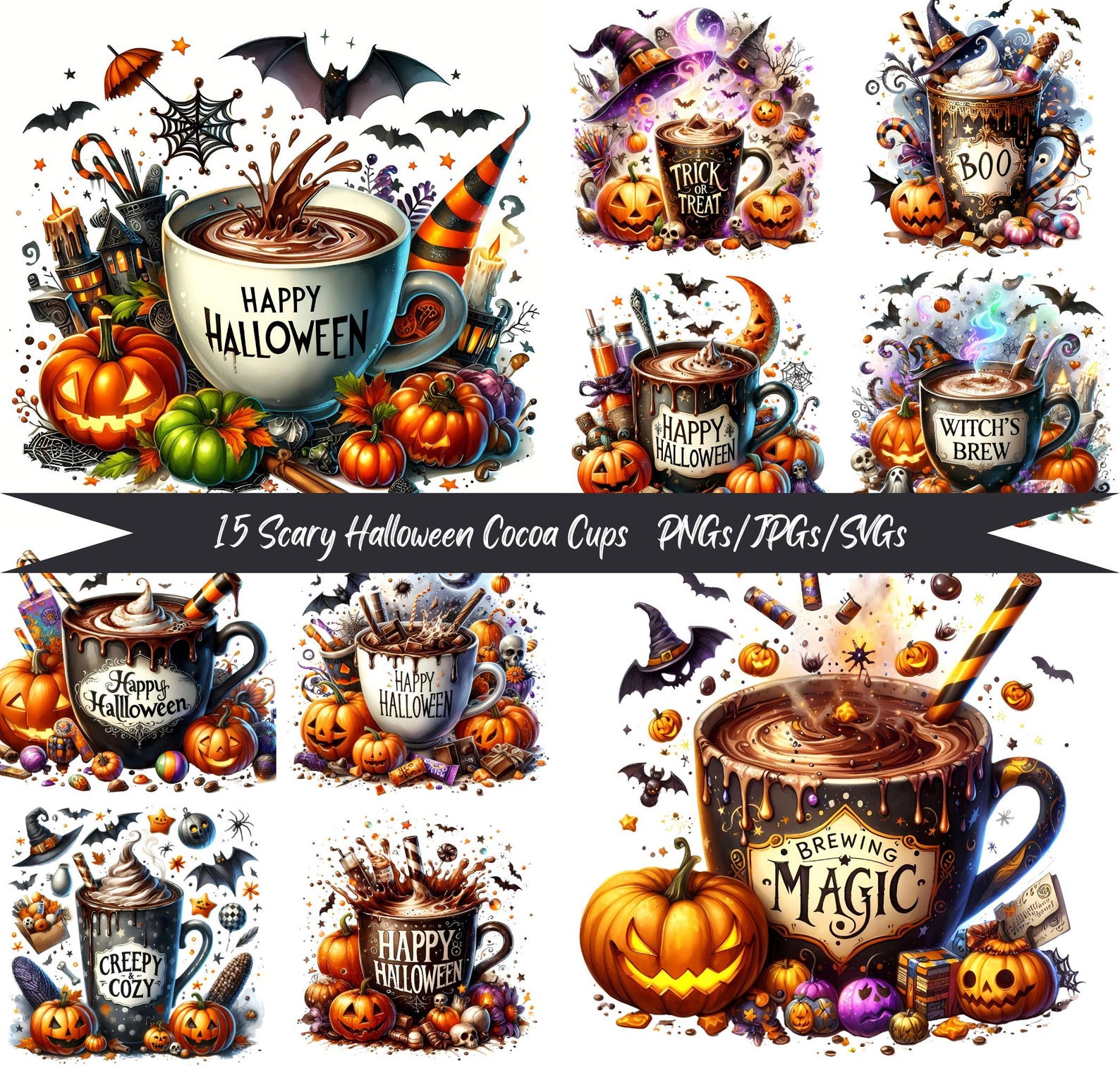Scary Halloween Cocoa Cups, Watercolor Clipart Bundle, Mug Halloween ...
