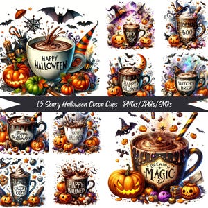 Scary Halloween Cocoa Cups, Watercolor Clipart Bundle, Mug Halloween ...