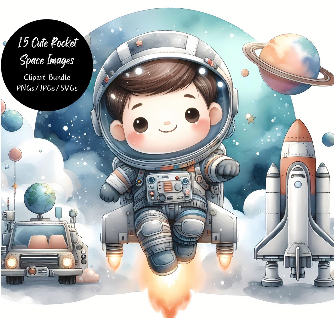 Cute Rocket Space Clipart Bundle, Watercolor Boy Astronaut Images, Moon ...