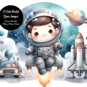 Cute Rocket Space Clipart Bundle, Watercolor Boy Astronaut Images, Moon ...