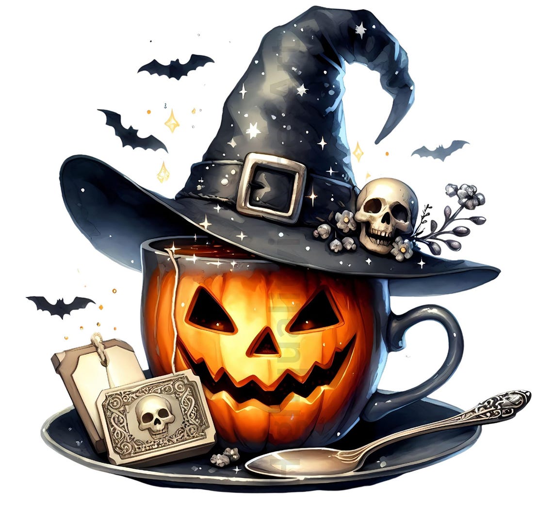 Scary Halloween Tea Cups, Watercolor Clipart Bundle, Cute the Mug ...