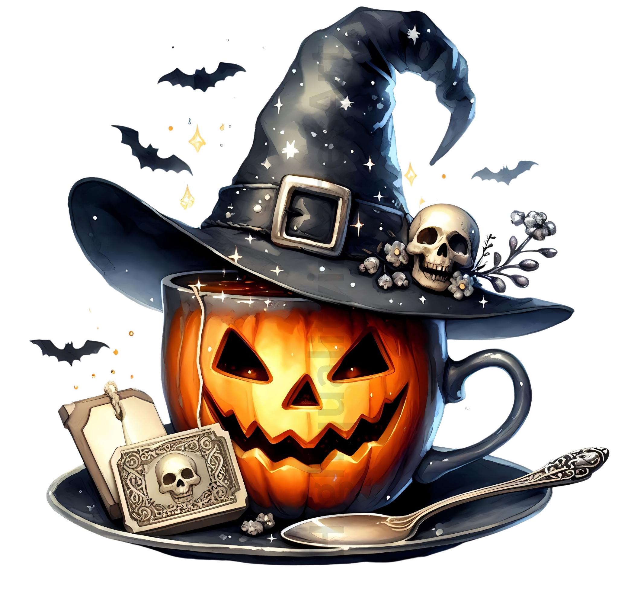 Scary Halloween Tea Cups, Watercolor Clipart Bundle, Cute the Mug ...