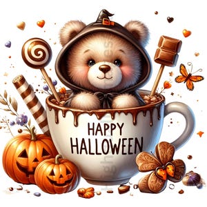 Cute Halloween Teddy Bears in Cups, Watercolor Clipart Bundle, Mug ...
