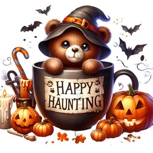 Cute Halloween Teddy Bears in Cups, Watercolor Clipart Bundle, Mug ...