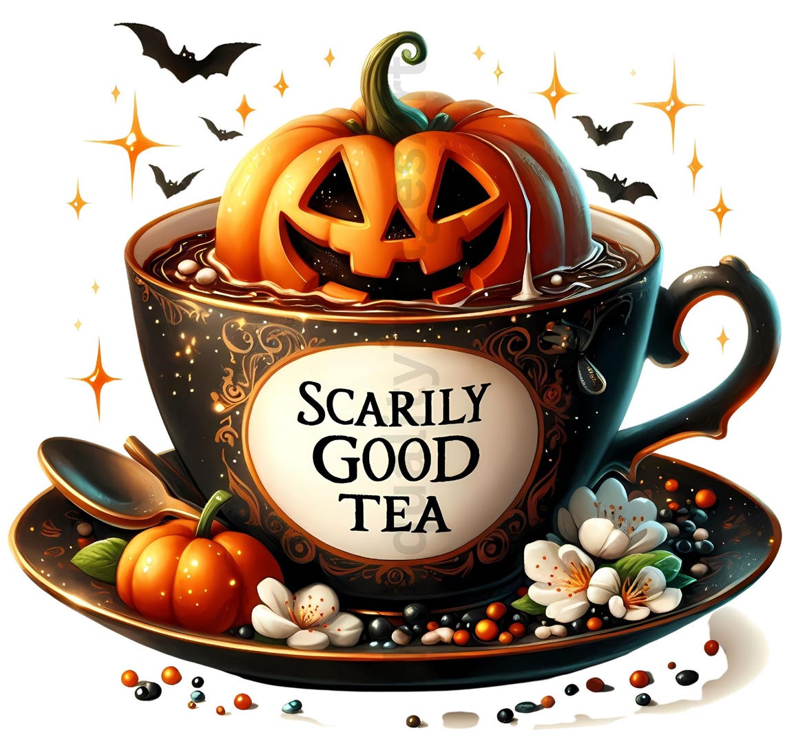 Scary Halloween Tea Cups, Watercolor Clipart Bundle, Cute the Mug ...