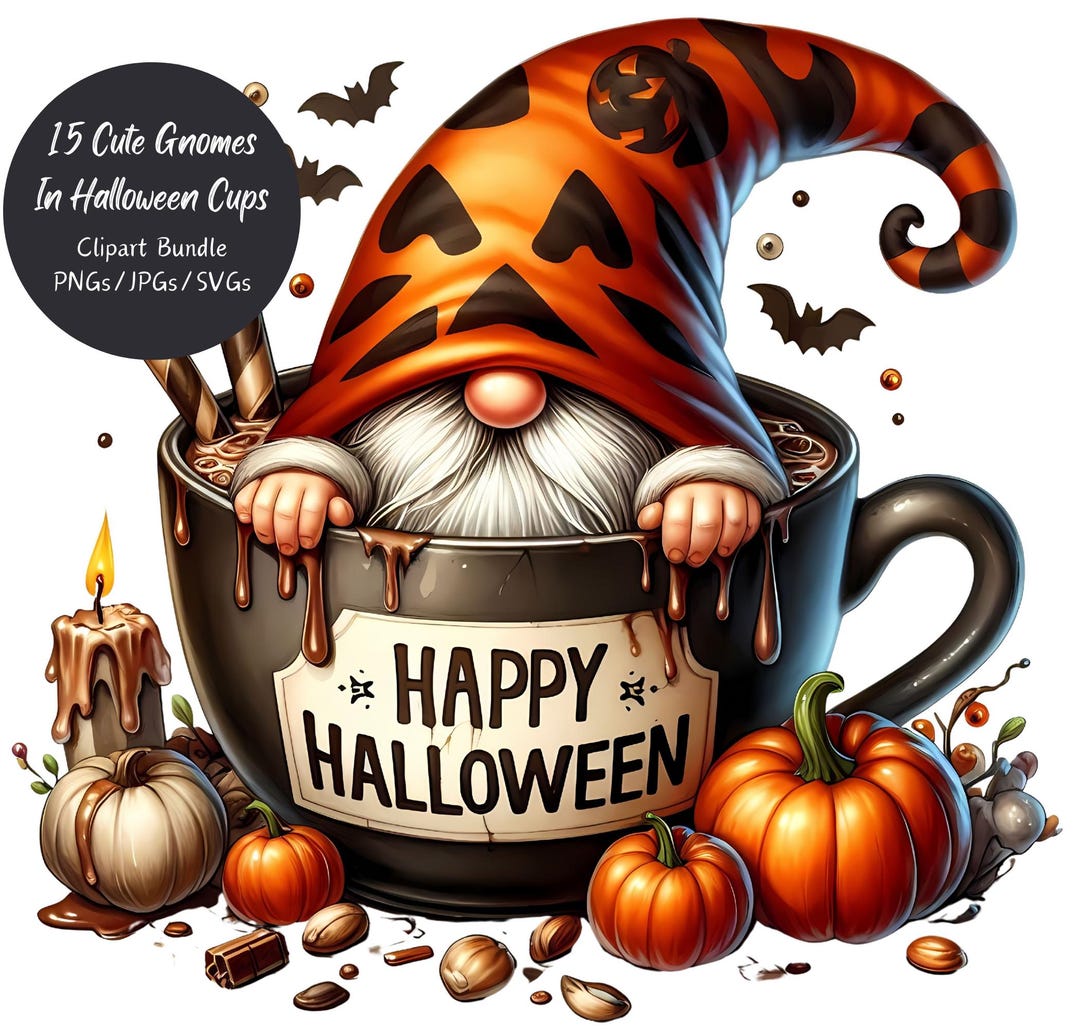 Cute Halloween Gnomes in Cups, Watercolor Clipart Bundle, Halloween Mug ...