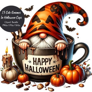 Cute Halloween Gnomes in Cups, Watercolor Clipart Bundle, Halloween Mug ...