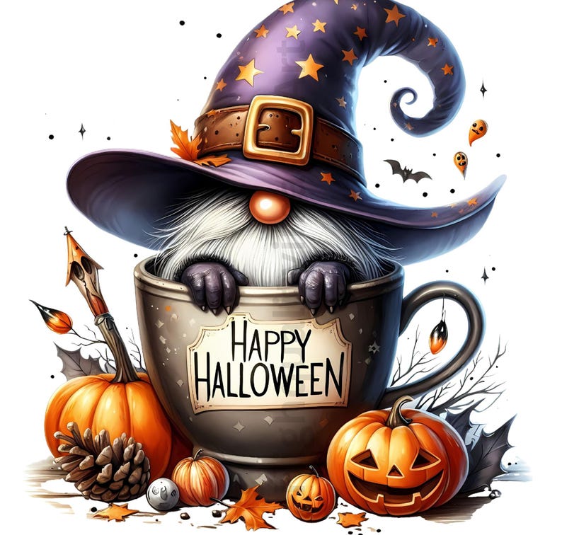 Cute Halloween Gnomes in Cups, Watercolor Clipart Bundle, Halloween Mug ...