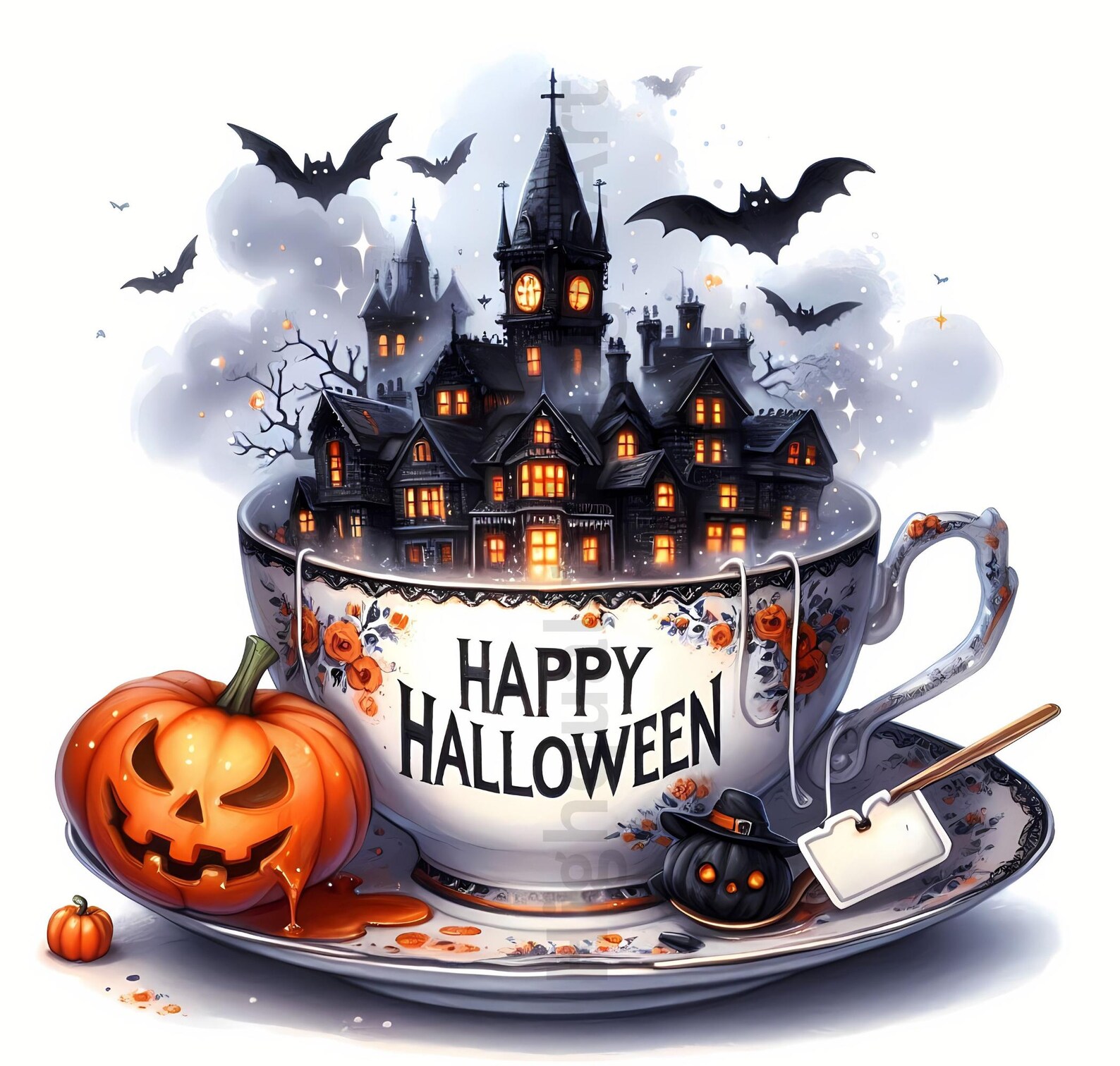 Scary Halloween Tea Cups, Watercolor Clipart Bundle, Cute the Mug ...