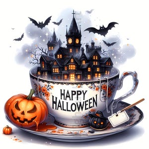 Scary Halloween Tea Cups, Watercolor Clipart Bundle, Cute the Mug ...