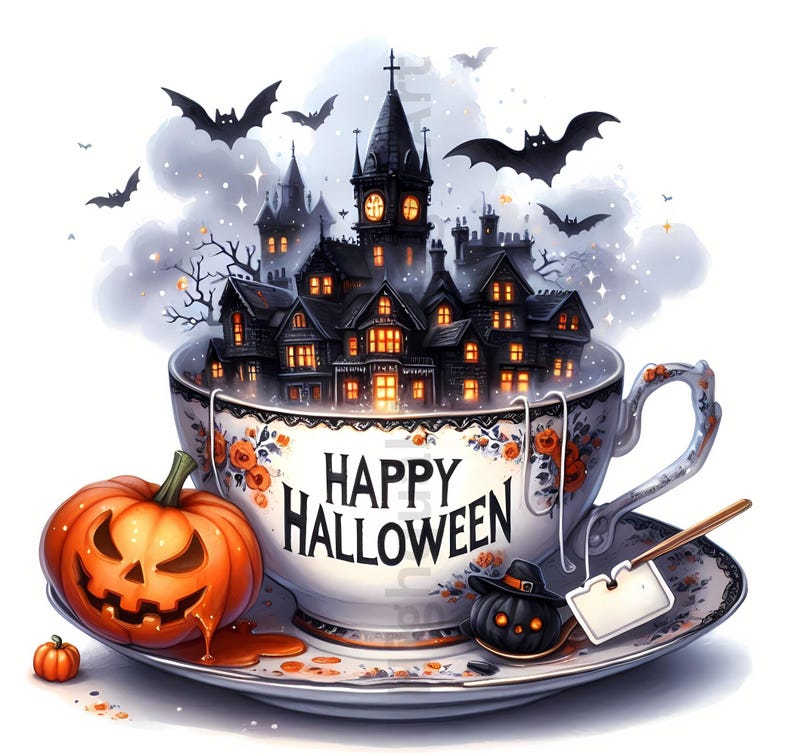 Scary Halloween Tea Cups, Watercolor Clipart Bundle, Cute the Mug ...