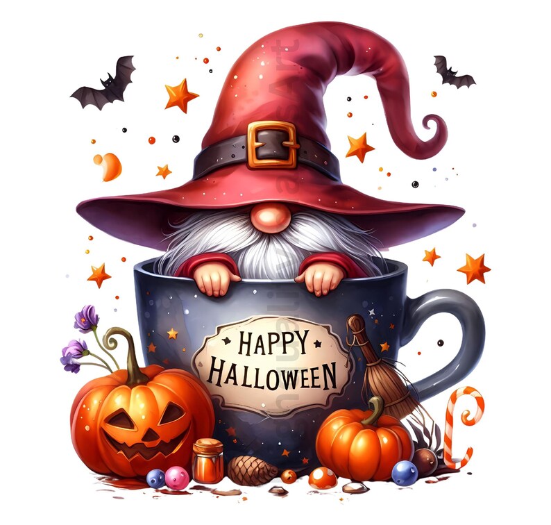 Cute Halloween Gnomes in Cups, Watercolor Clipart Bundle, Halloween Mug ...