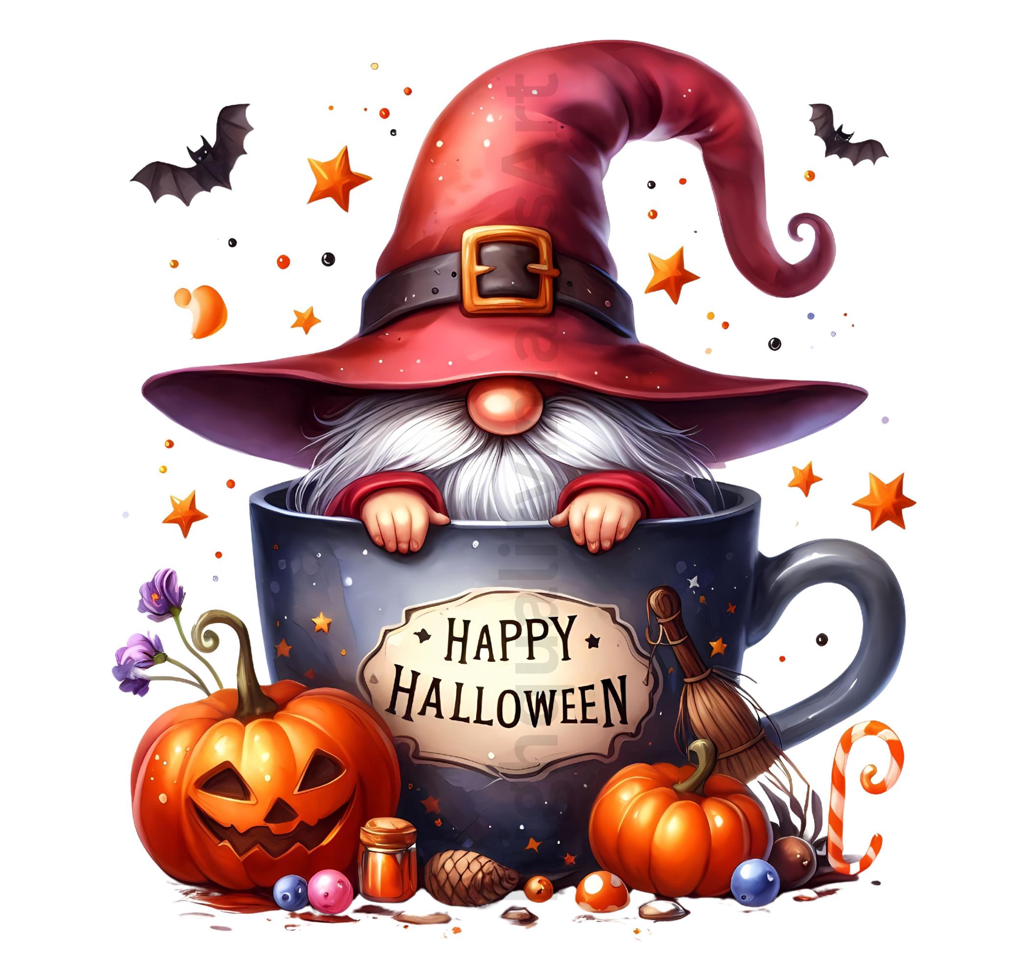 Cute Halloween Gnomes in Cups, Watercolor Clipart Bundle, Halloween Mug ...