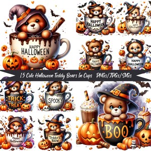 Cute Halloween Teddy Bears in Cups, Watercolor Clipart Bundle, Mug ...