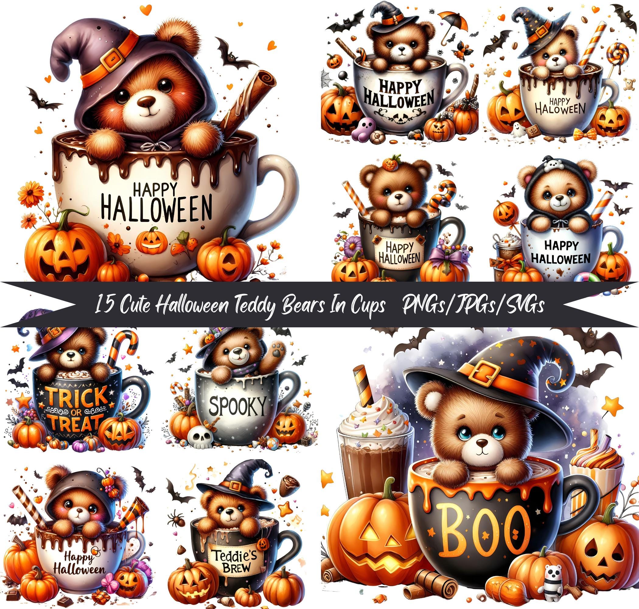 Cute Halloween Teddy Bears in Cups, Watercolor Clipart Bundle, Mug ...
