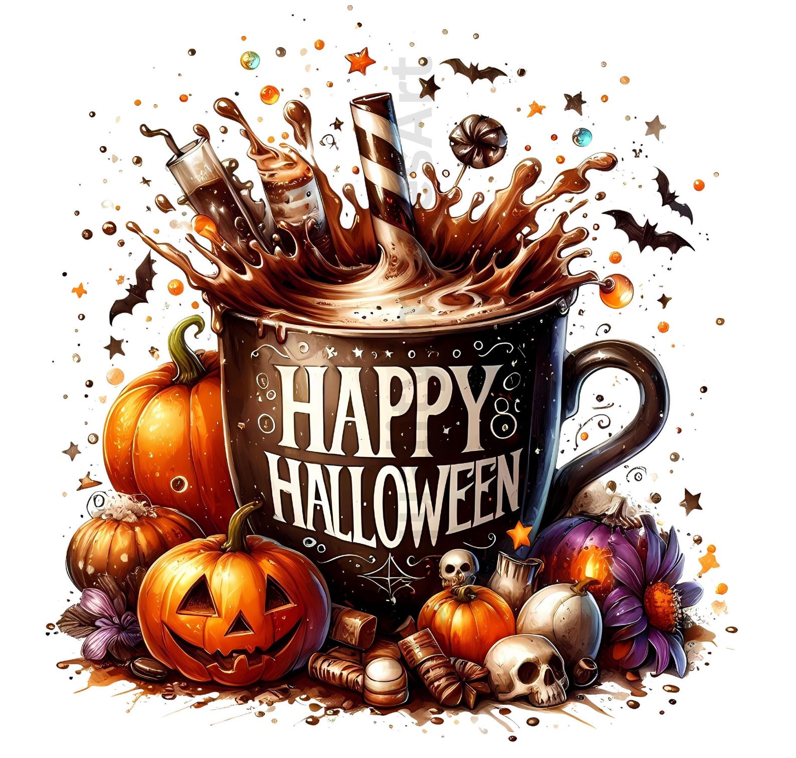 Scary Halloween Cocoa Cups, Watercolor Clipart Bundle, Mug Halloween ...