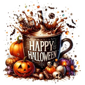 Scary Halloween Cocoa Cups, Watercolor Clipart Bundle, Mug Halloween ...