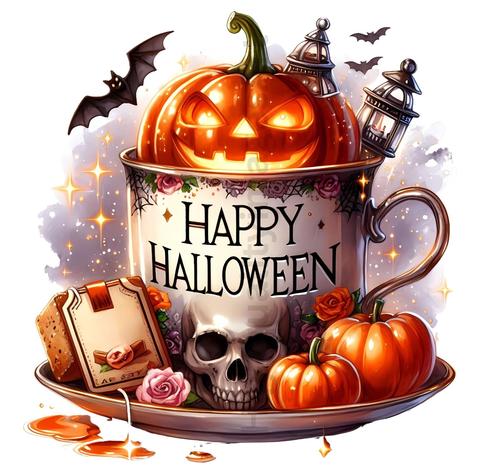 Scary Halloween Tea Cups, Watercolor Clipart Bundle, Cute the Mug ...