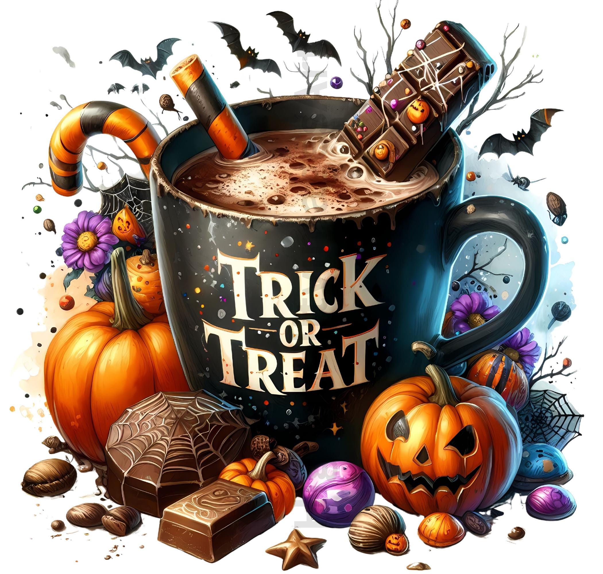 Scary Halloween Cocoa Cups, Watercolor Clipart Bundle, Mug Halloween ...